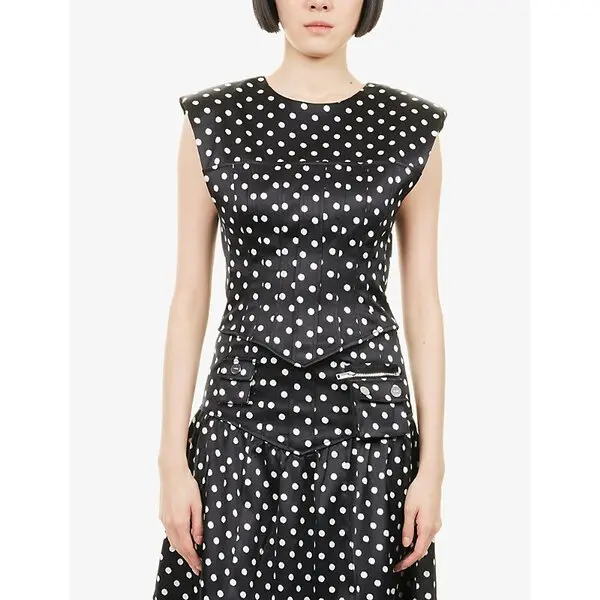 GANNI Padded-shoulder Polka-dot Satin Corset Top