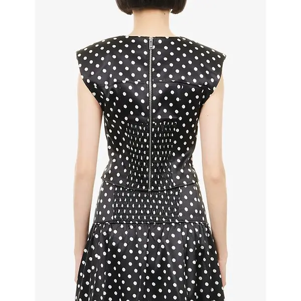 GANNI Padded-shoulder Polka-dot Satin Corset Top