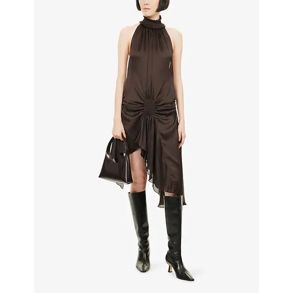 brown boots with red dress She's The Trend Halter Mini Dress Chocolate