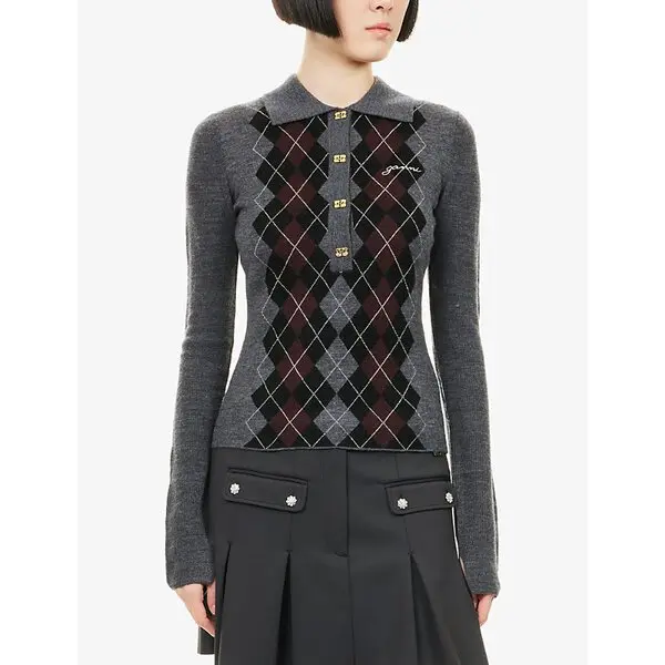 GANNI Argyle Wool Polo Jumper - Frost Gray