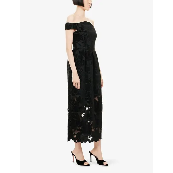 Erdem Floral Lace Bardot Midi Dress In Black | Editorialist