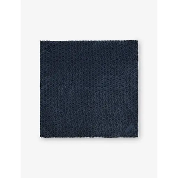 Corneliani Branded Monogram Silk Pocket Square - Navy Blue
