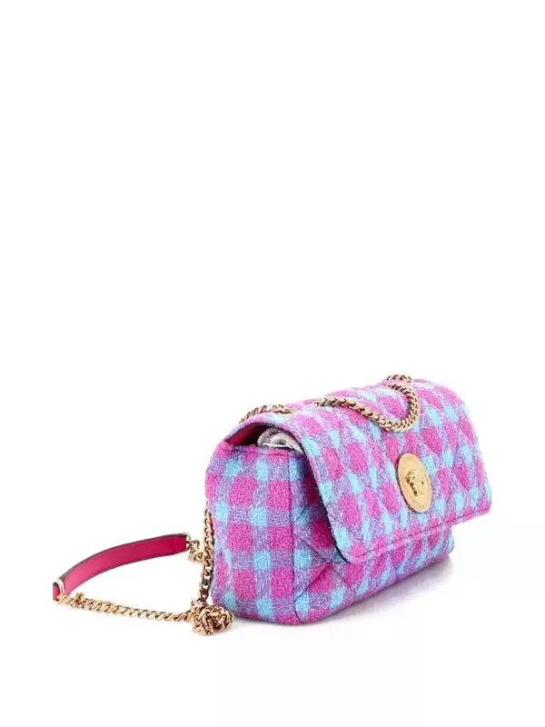 Versace Medusa Icon Chain Flap Bag Quilted Tweed East West Shoulder Bag - Blue