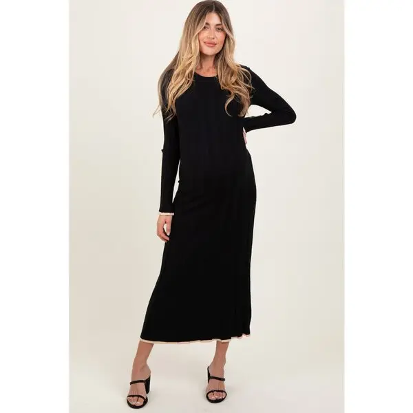 PINKBLUSH Ribbed Knit Maternity Maxi Sweater Dress - Black