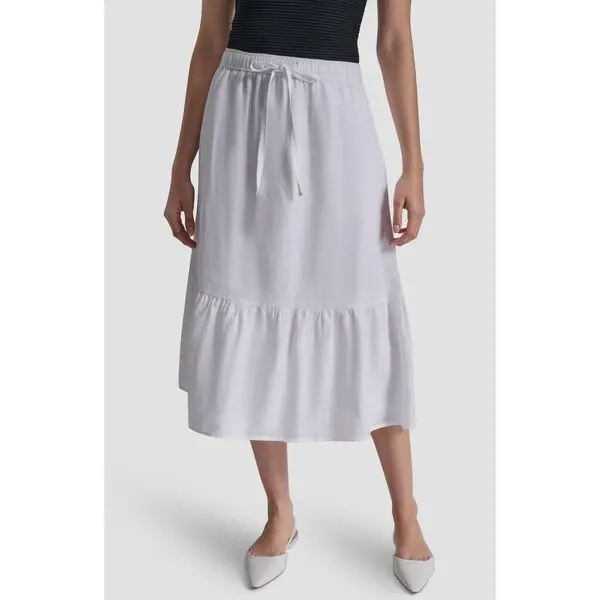 Dkny Linen Midi Skirt With Drawstring Waist - White