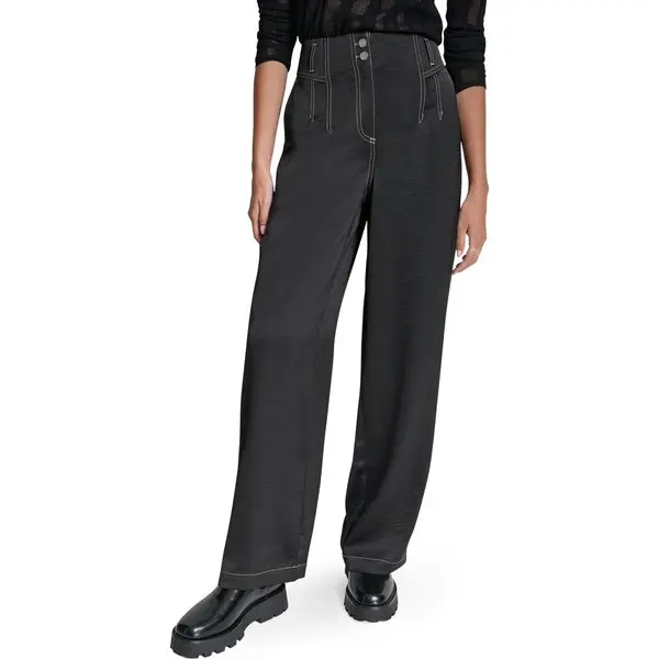 Dkny Topstitch Straight Leg Pants - Black