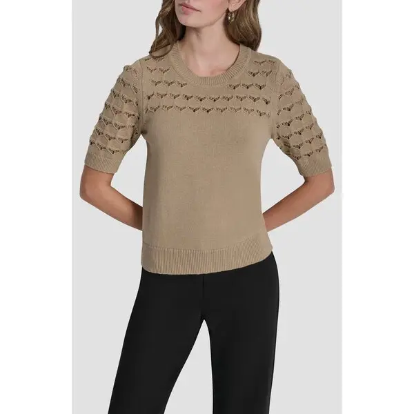 Dkny Pointelle Yoke Short Sleeve Sweater - Travertine
