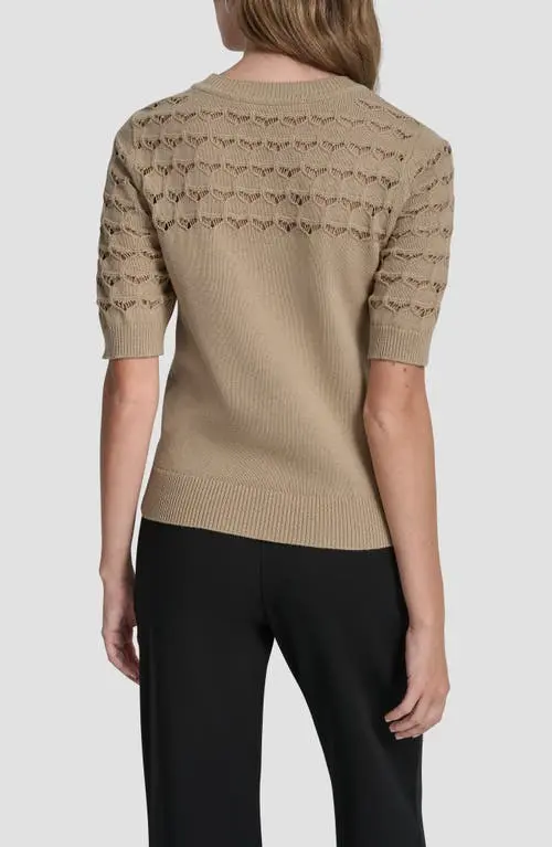 Dkny Pointelle Yoke Short Sleeve Sweater - Travertine