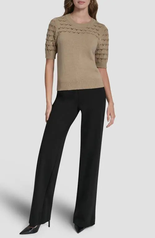 Dkny Pointelle Yoke Short Sleeve Sweater - Travertine