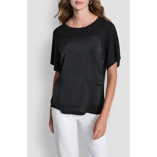 Dkny Mixed Media Satin Top - Black