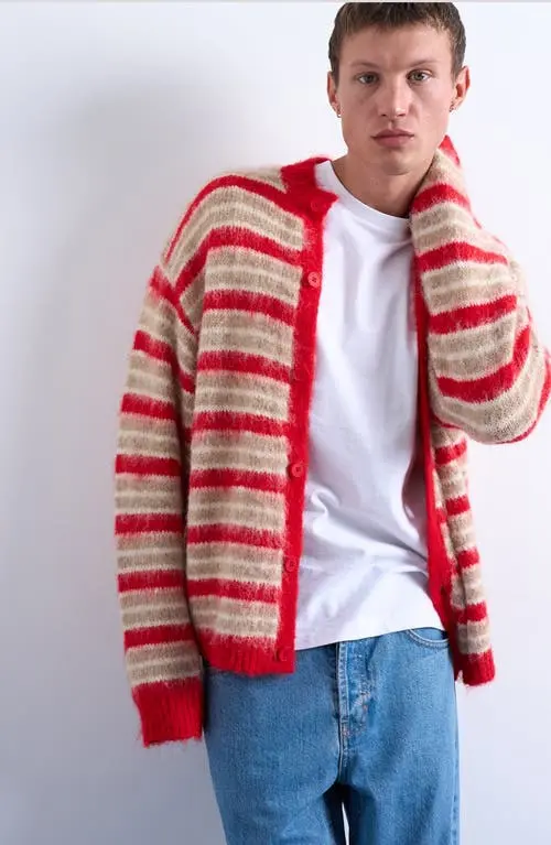 Topman Striped Crewneck Cardigan - Red