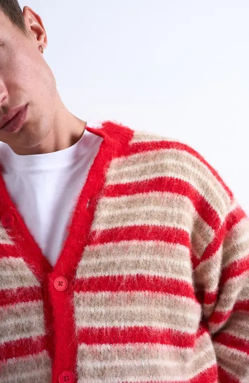 Topman Striped Crewneck Cardigan - Red