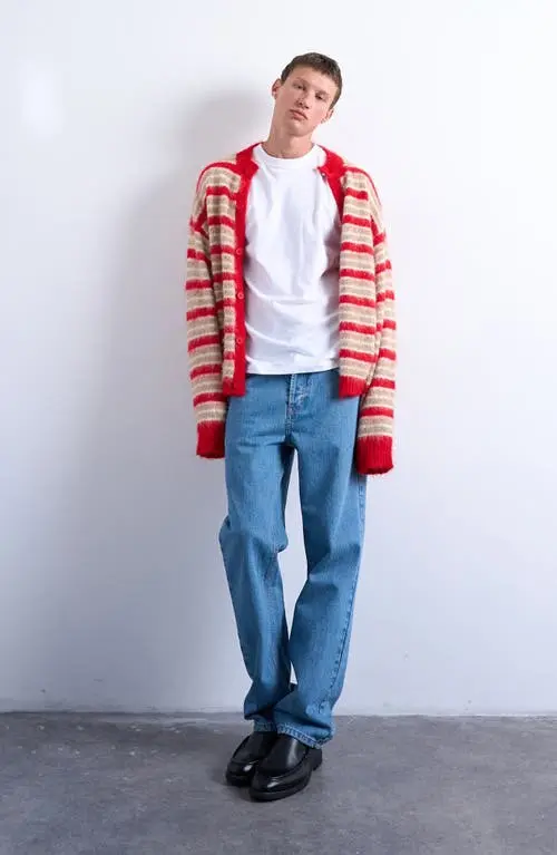 Topman Striped Crewneck Cardigan - Red