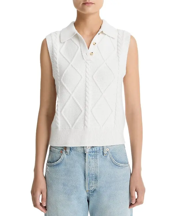 Vince Polo Cable Knit Vest - Off White