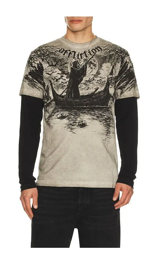 AFFLICTION River Long Sleeve Tee In Black - Vintage White Oil & Stained Black