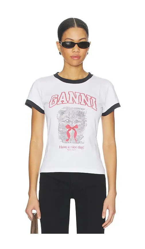GANNI Basic Cotton Jersey Margot Kitty Print T-shirt - Bright White
