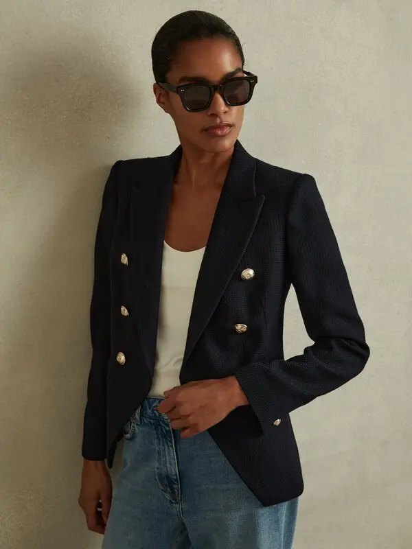 REISS Tailored Fit Textured Double Breasted Blazer - Navy