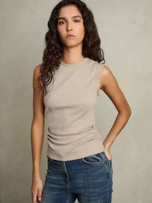 REISS Fine-rib Ruched Top - Camel