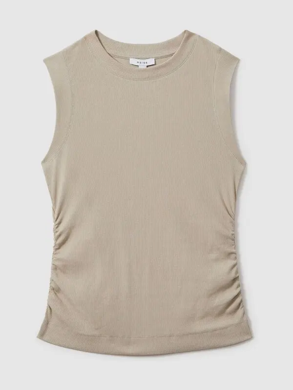 REISS Fine-rib Ruched Top - Camel