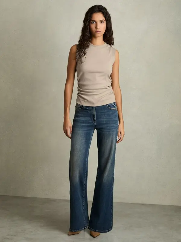 REISS Fine-rib Ruched Top - Camel