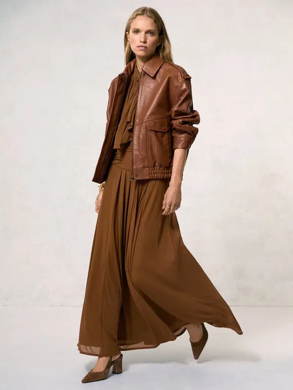 REISS Oversized Leather Jacket - Tan