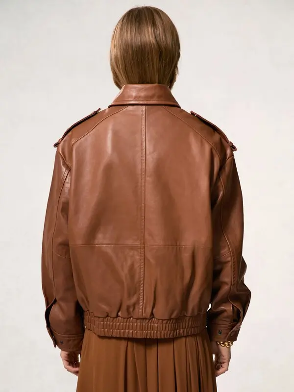 REISS Oversized Leather Jacket - Tan