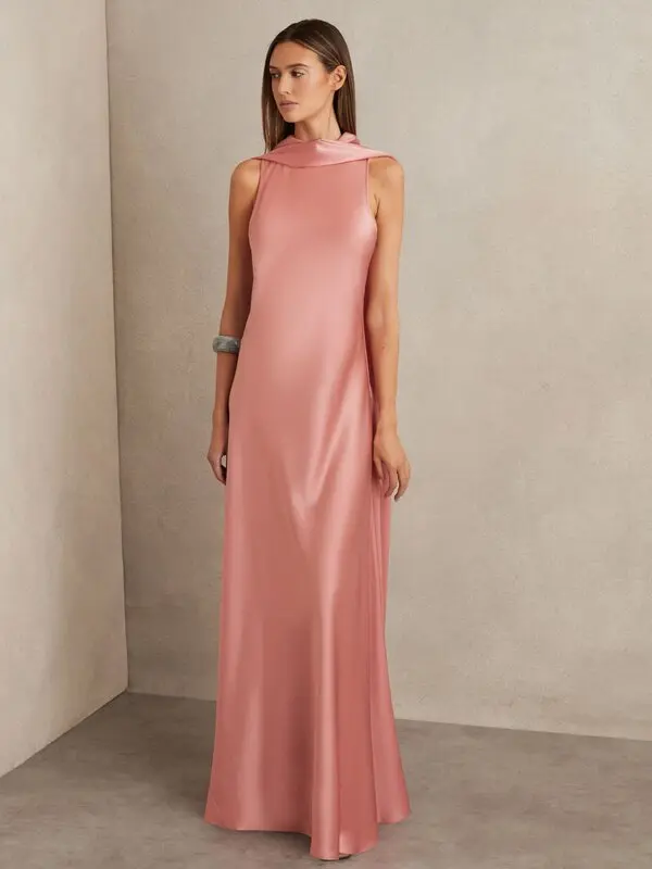 REISS Fae Satin Cape Maxi Dress - Pink