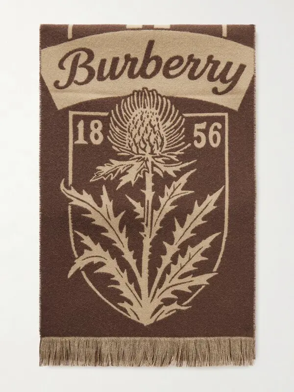 Burberry Logo-jacquard Fringed Wool Scarf - Brown