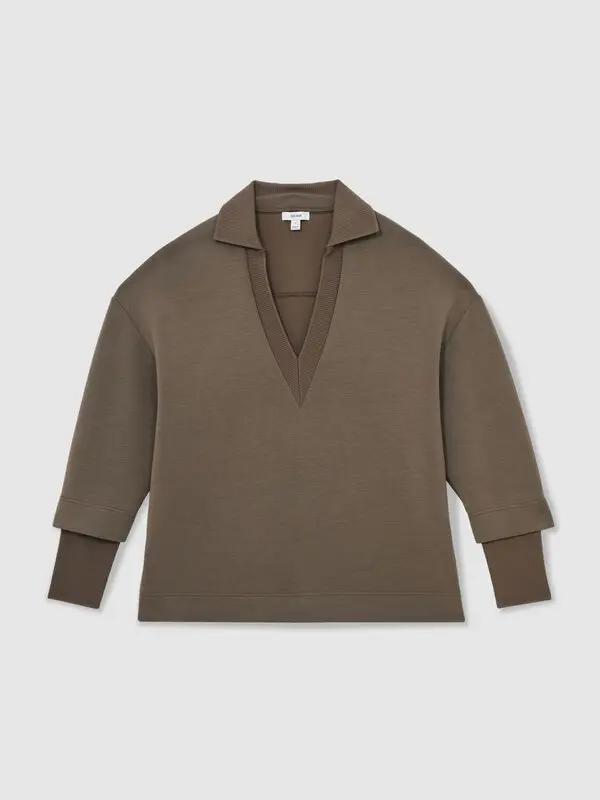 REISS Premium Interlock Open-collar Sweatshirt - Khaki Green