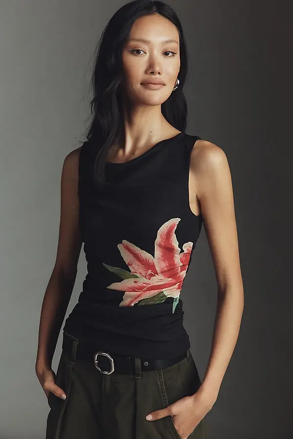 Rails Ruched Knit Tank Top - Black Pattern