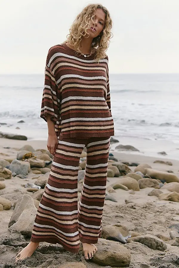 Free People Striped Knit Sweater Set - Chocolate Combo