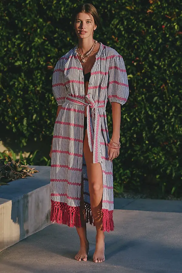 MER ST. BARTH Estelle Fringe Belted Buttondown Midi Dress - Pink Stripe