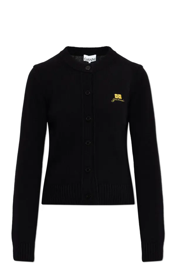 GANNI Cardigan With Embroidered Logo - Black