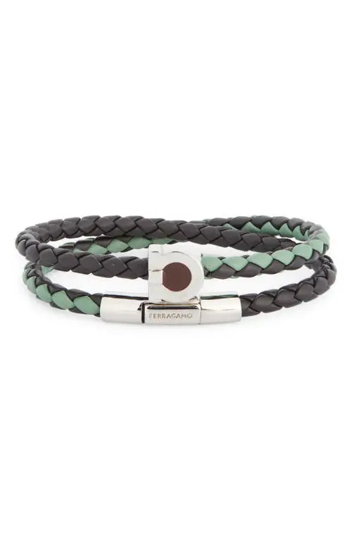 FERRAGAMO Gancio Braided Leather Wrap Bracelet - Silver/testa Di Moro/seagrass