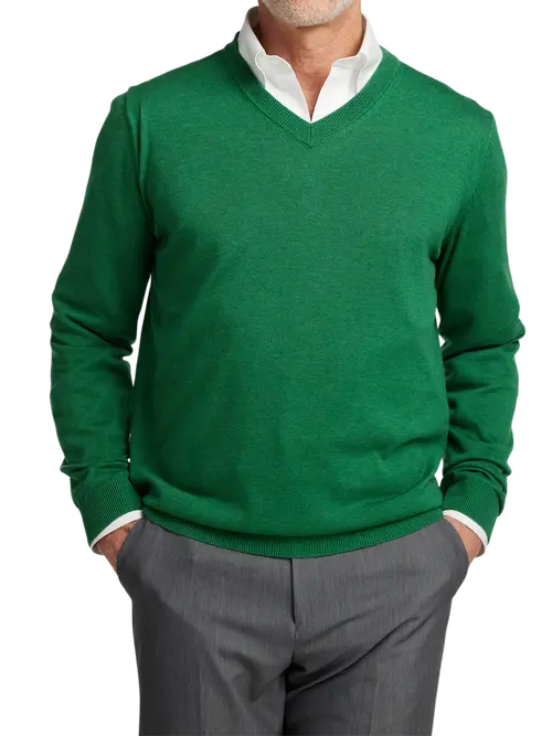 PAUL FREDRICK Supima Cotton V-neck Sweater - Green