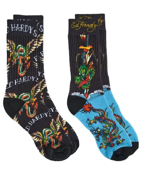 Ed Hardy 360 Digital Print Crew Socks 2 Pack - Black