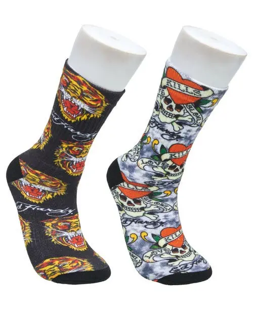 Ed Hardy 2-pack 360 Print Crew Socks - Grey