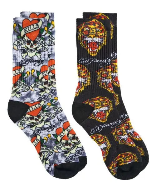 Ed Hardy 360 Print Full Cushion Crew Sock 2-pack - Grey