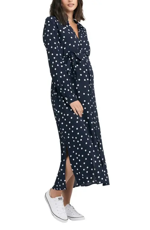 RIPE MATERNITY Spotted Long Sleeve Tie Waist Shirtdress - Navy