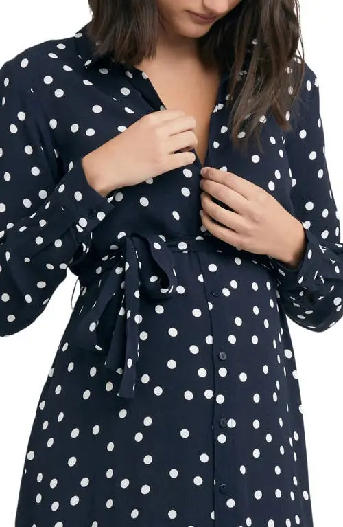 RIPE MATERNITY Spotted Long Sleeve Tie Waist Shirtdress - Navy