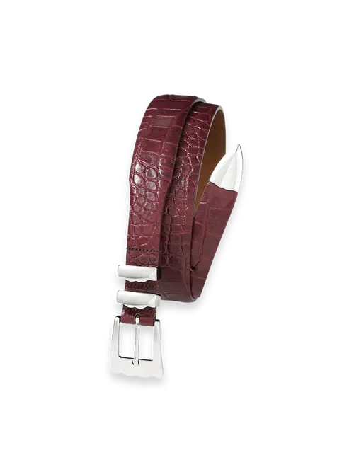 PAUL FREDRICK Crocodile Embossed Belt With Metal Keeper And Tip - Cordovan