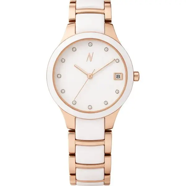 NCMPRBL Petite Link Butterscotch Quartz Movement Ceramic Bracelet Watch - White Brilliant/ Rose Gold
