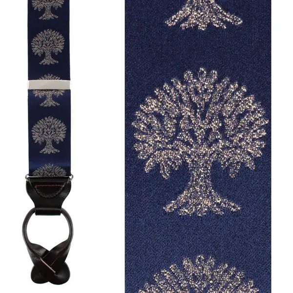Trafalgar Heritage Oak Tree Novelty Silk Button End Suspenders - Navy Blue