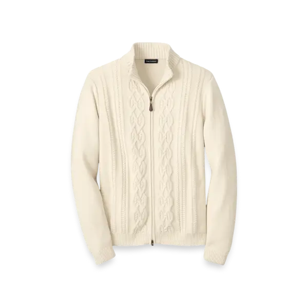 PAUL FREDRICK Cotton Cable Full Zip Mock Neck Sweater - Ivory