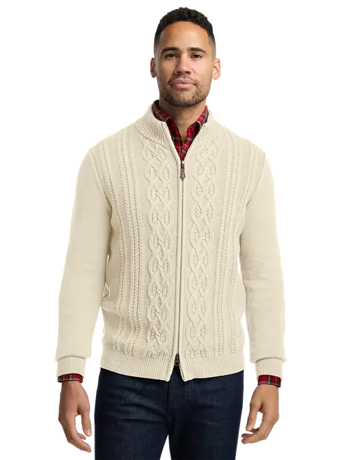 PAUL FREDRICK Cotton Cable Full Zip Mock Neck Sweater - Ivory