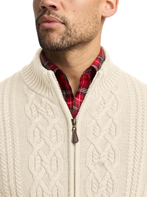 PAUL FREDRICK Cotton Cable Full Zip Mock Neck Sweater - Ivory