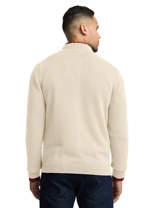 PAUL FREDRICK Cotton Cable Full Zip Mock Neck Sweater - Ivory