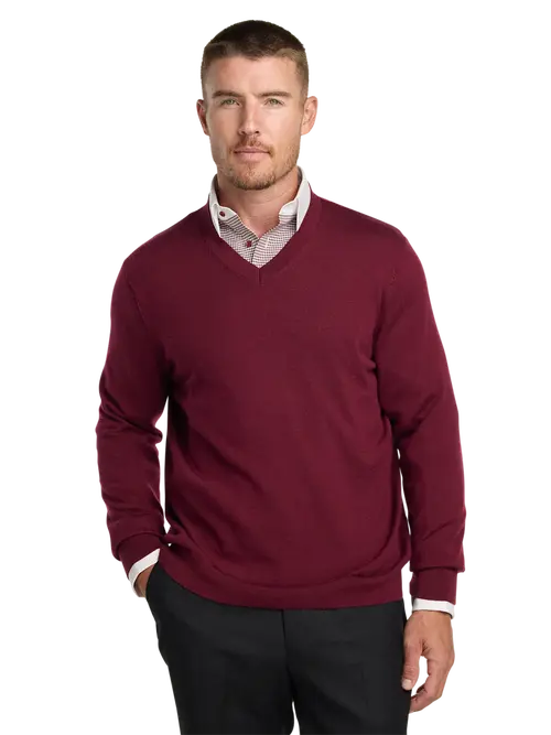 PAUL FREDRICK Washable Merino Wool V-neck Sweater - Burgundy
