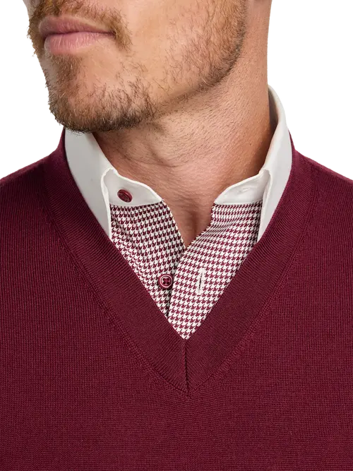 PAUL FREDRICK Washable Merino Wool V-neck Sweater - Burgundy