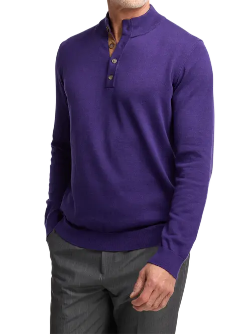 PAUL FREDRICK Supima Cotton Four-button Mock Neck Sweater - Plum